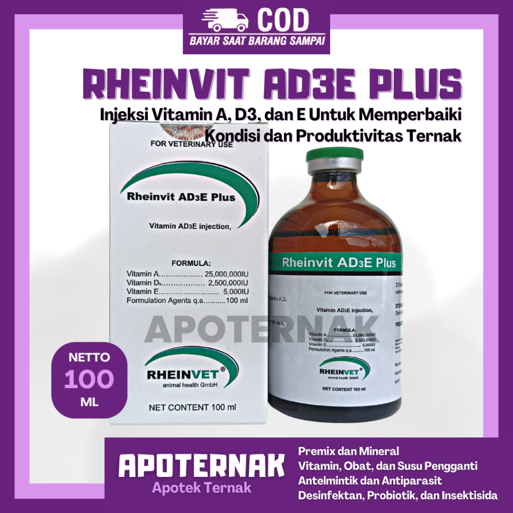 Jual RHEINVIT AD3E Plus 100ml | Vitamin ADE AD3E Perbaiki Kondisi Tubuh & Produktivitas Hewan ...