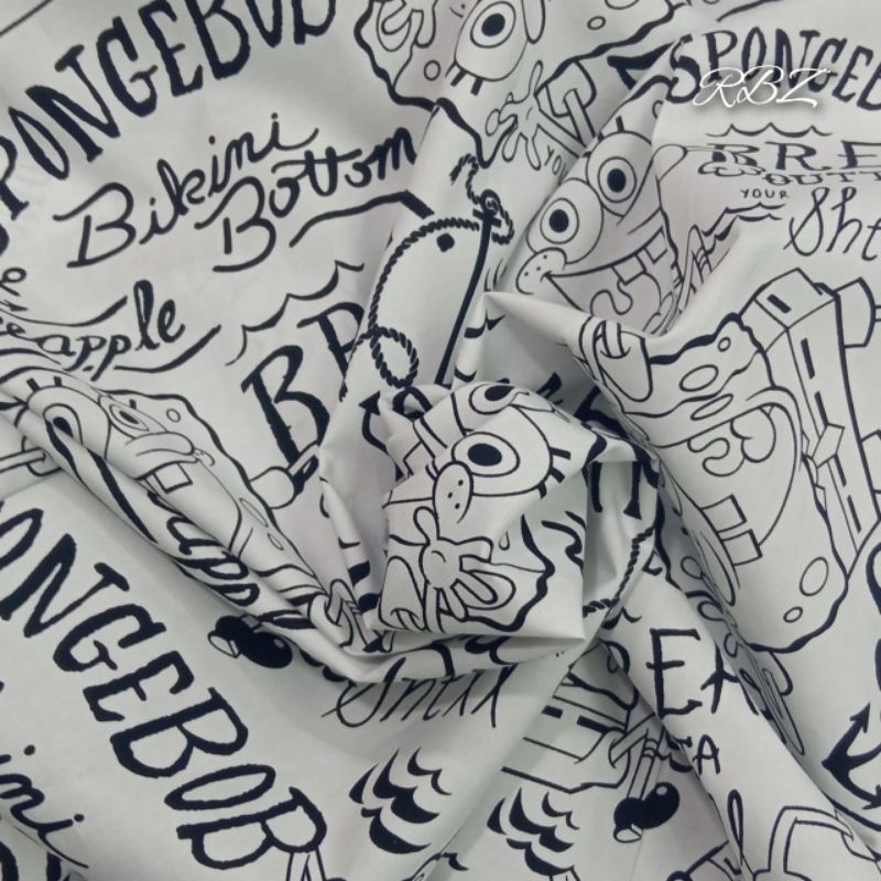 Jual kain katun popline original garment motif Spongebob monokrom ...