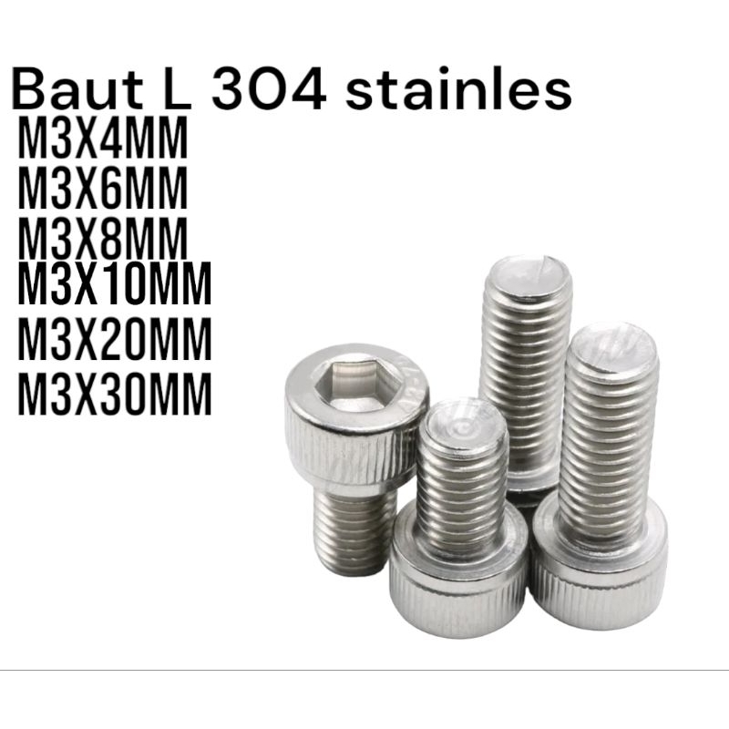 Jual BAUT L M3 STAINLES UKURAN M3X4MM-30MM BAUT SOCKET M3 STAINLESS ANTI KARAT (HARGA DI ATAS ...