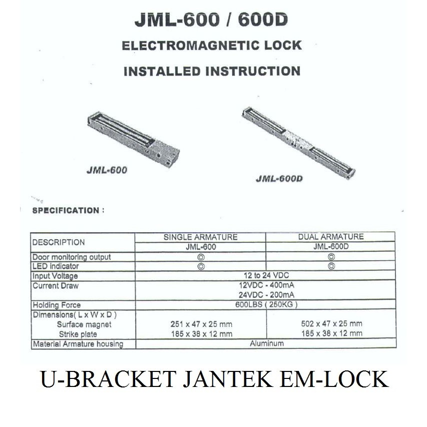 Jual U Bracket for EM Lock Jantek Electromagnetic Access Door Control ...