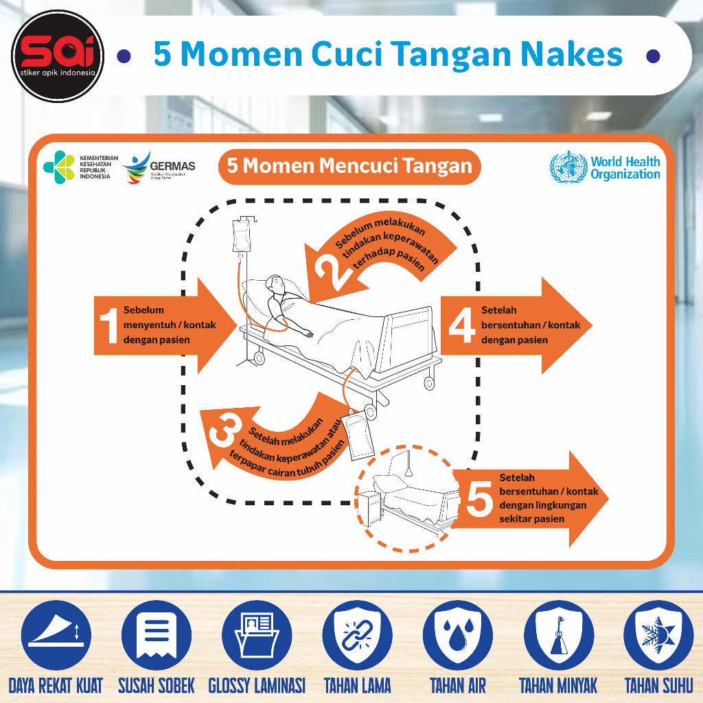 Jual stiker vinyl anti air 5 MOMEN CUCI TANGAN NAKES STANDAR WHO laminasi glossy | Shopee Indonesia