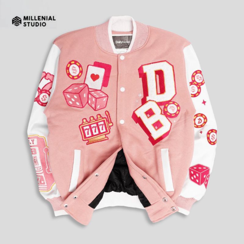 Jual VARSITY JACKET LUCKY PINK GREEN | JAKET VARSITY KERAH BORDIR ...