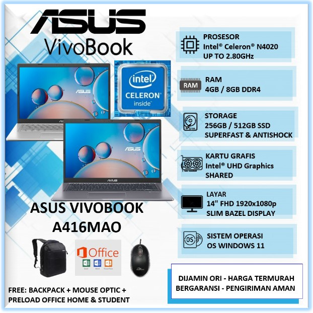 Jual Laptop Asus Murah Asus Vivobook 14 A416MAO Intel N4020 Ram 4GB SSD ...