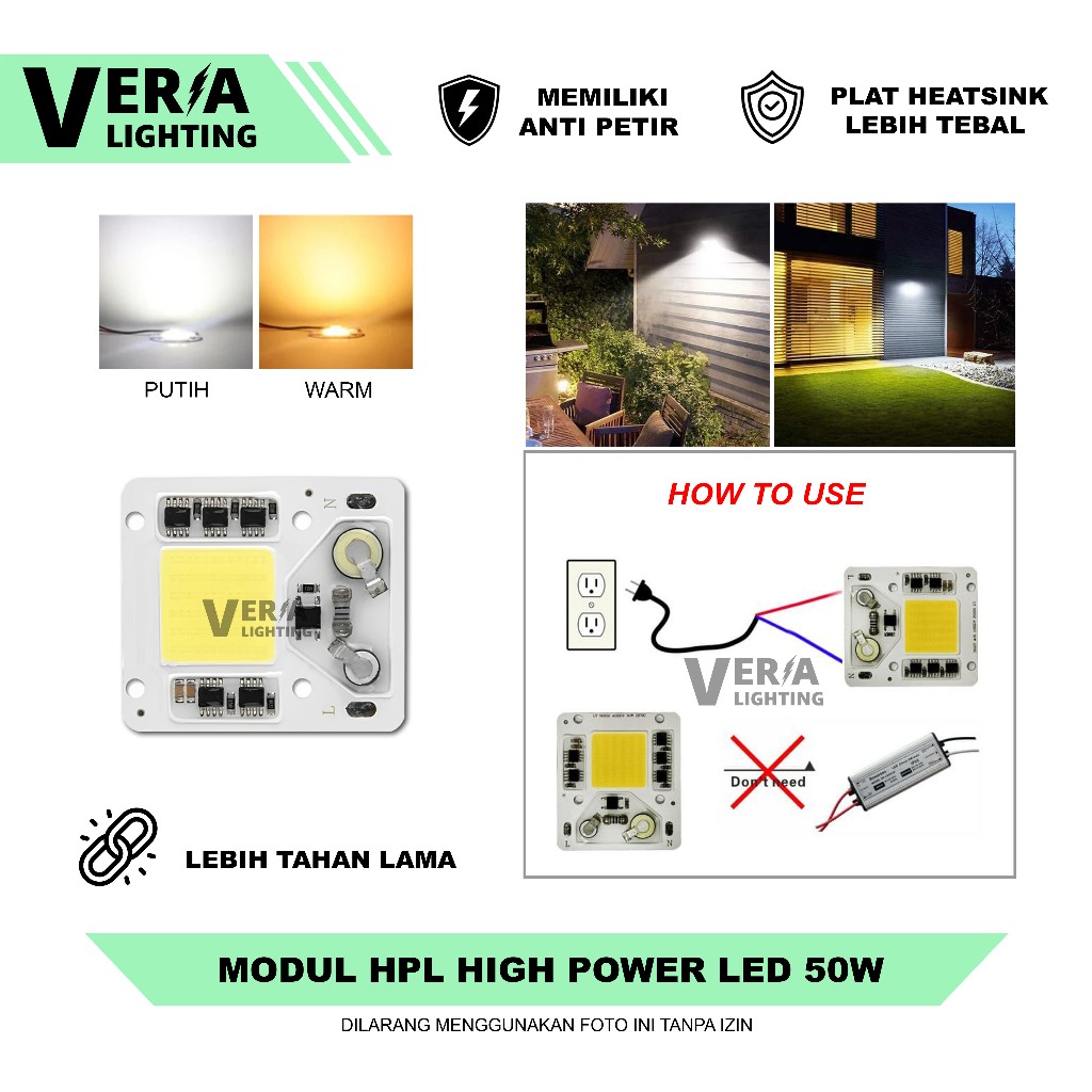 Jual Modul HPL High Power LED Chip Lampu Sorot COB 50W 220V AC Top ...