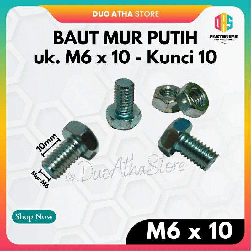 Jual M6x10 Baut Mur M6 X 10 BMP Galvanis Putih Kunci 10 | Shopee Indonesia