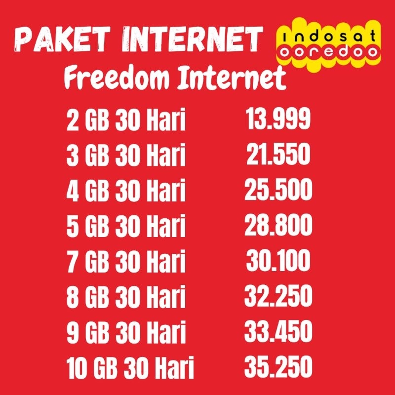 Jual paket internet Indosat bulanan 2gb 3gb 4gb 5gb 7gb 8gb 9gb 10gb ...