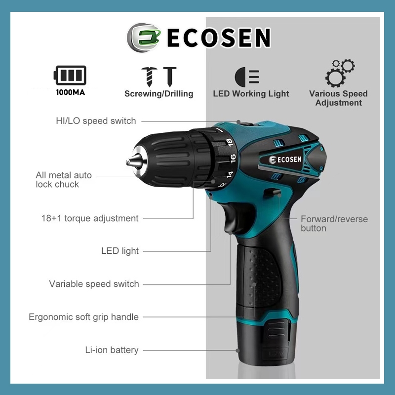 Jual ECOSEN Mesin Bor Baterai Tangan 98V Bor Listrik Bor cas Bor mini ...