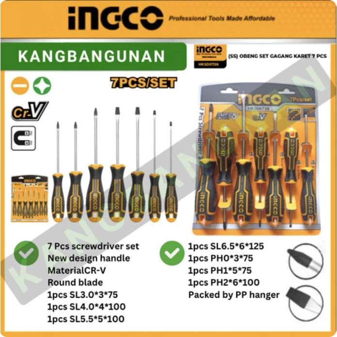 Jual Obeng Set 7-Pc Gg. Karet Screwdriver Obeng Plus Minus INGCO HKSD0728 | Shopee Indonesia