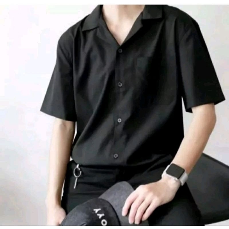 Jual Kemeja Pantai Hitam Polos Vintage Casual Lengan Pendek Retro ...