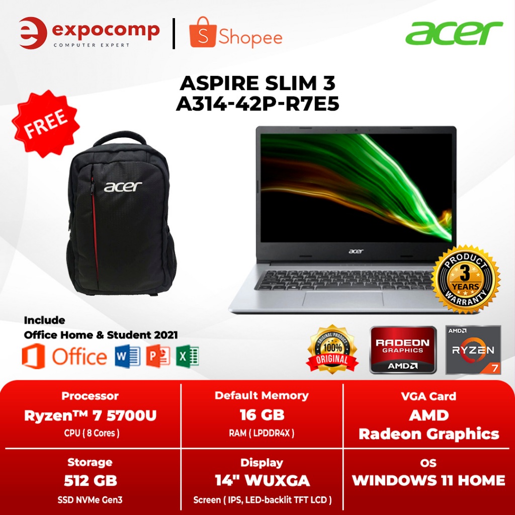 Jual ACER ASPIRE SLIM 3 A314-42P-R7E5 SILVER R7-5700U 16GB 512GB WIN11 ...