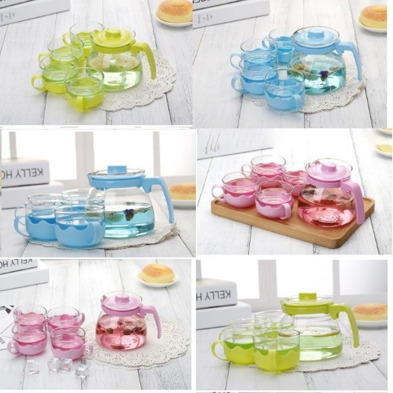 Jual Teapot Kaca Set Warna 5in1 | Tea Pot Teko Set Kaca Gelas Teh 5Pcs ...