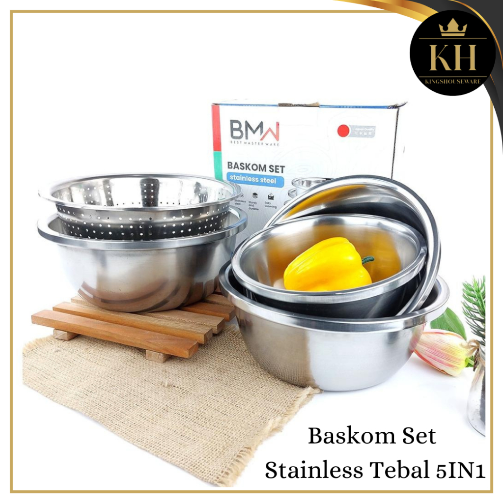 Jual Kh- Baskom Set Stainless Tebal 5IN1 Baskom dengan saringan tirisan ...