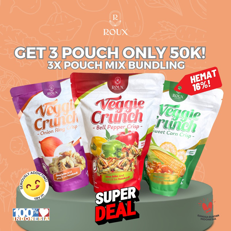 Jual [BUNDLE TRIO 3] ROUX VEGGIE CRUNCH KERIPIK SAYUR PAPRIKA, JAGUNG MANIS, BAWAH BOMBAY ENAK ...