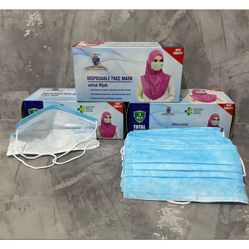 Jual MASKER HEADLOOP HIJAB 3 PLAY BIRU PMI ISI 50 PCS + BOX PAKET ISI 5 ...