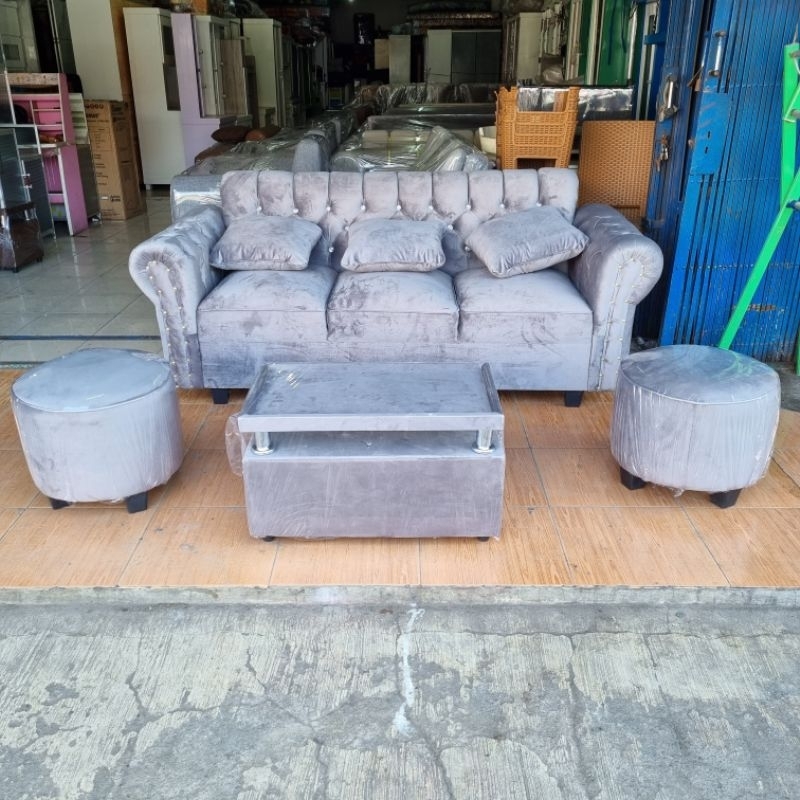 Jual (Free Ongkir) Sofa Set Klasik 3 Seater (2 bangku bulat + Meja ...