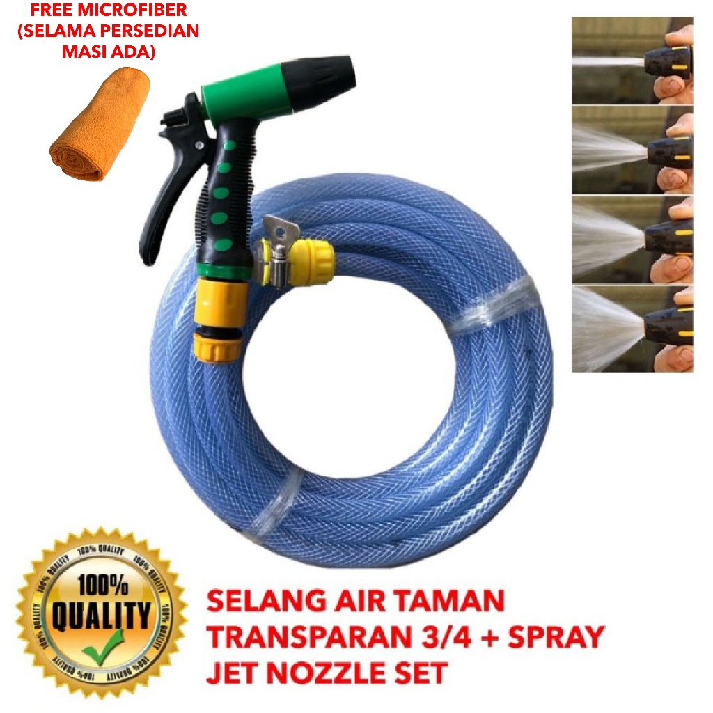 Jual SELANG AIR TAMAN TRANSPARAN BENANG 3/4 + SPRAY JET NOZZLE SET ...