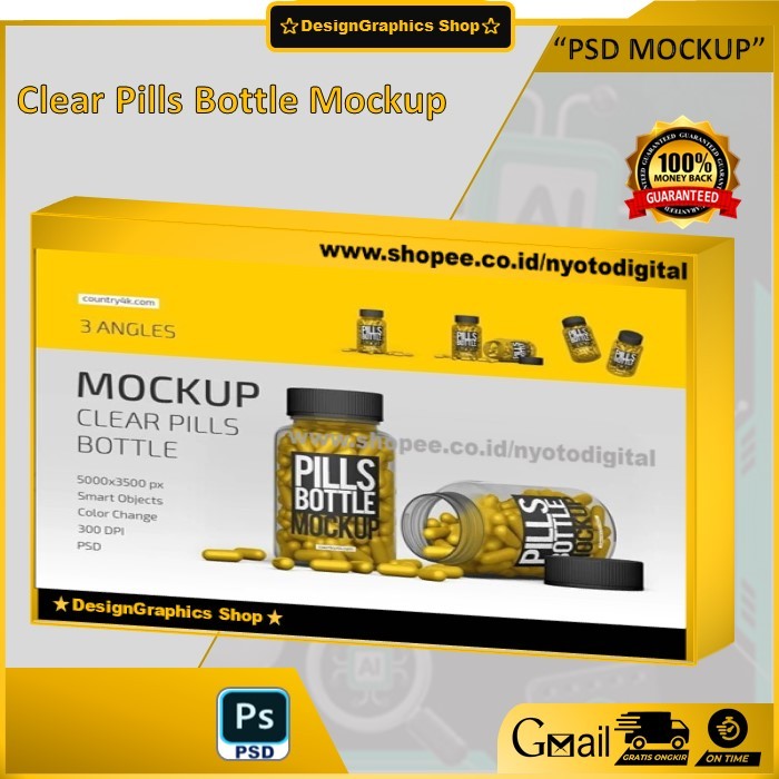 Jual Mockup Botol Pil Bening Format Photoshop PSD Clear Pills Bottle ...