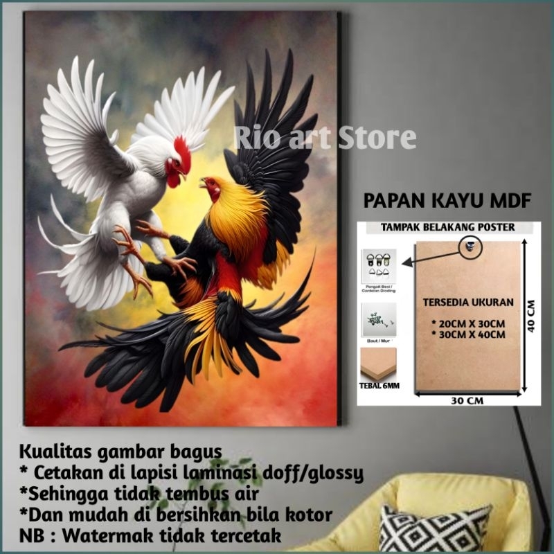 Jual Hiasan dinding poster lukisan ayam tarung untuk walkdekor atau ...
