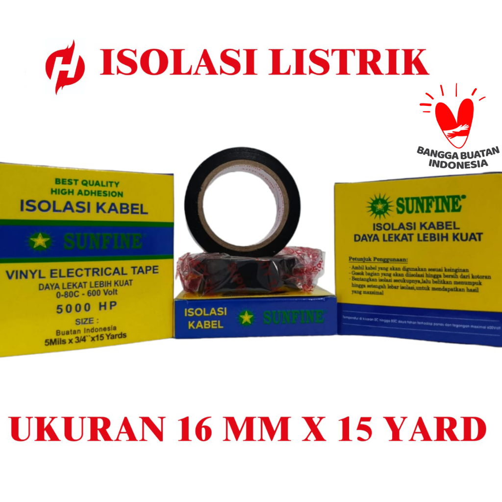 Jual Isolasi Listrik kabel 16mm x 15 Yard merek Sunfine warna hitam Dan ...