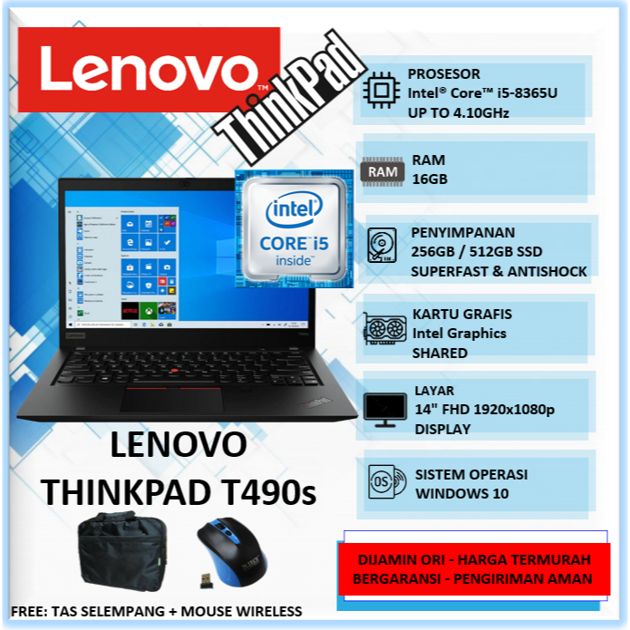 Jual Laptop Lenovo Thinkpad T490s Intel i5 Gen 8 16GB 512GB SSD 14" FHD ...