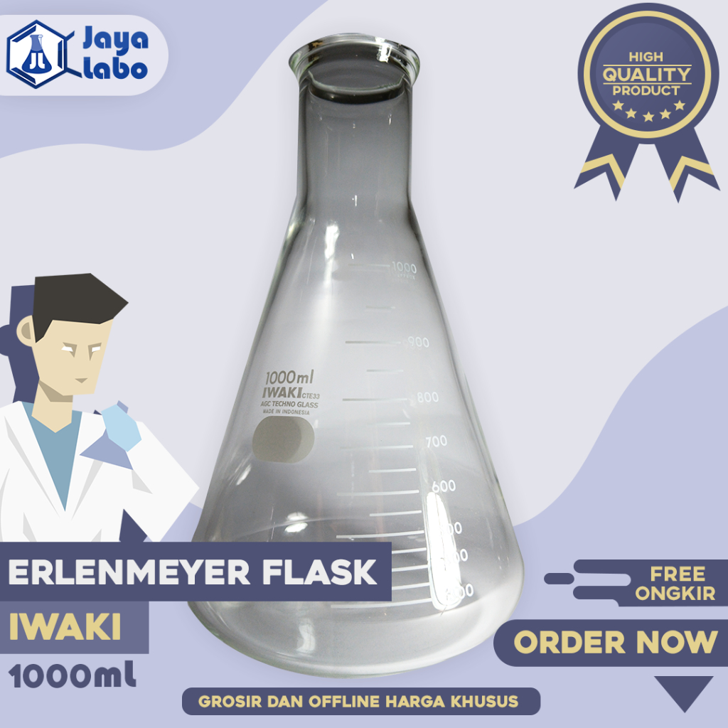 Jual IWAKI ERLENMEYER FLASK Vol. 1.000 ml (1 Liter) 4980 CTE.33 / Labu ...