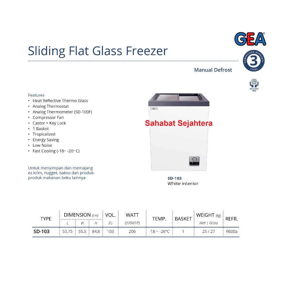 Jual BERAT SEBENARNYA GEA Sliding Flat Chest Freezer SD-103 Freezer ...