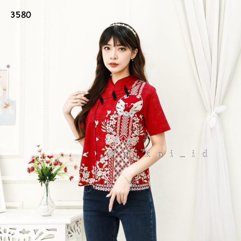 Jual Atasan Cheongsam Batik Merah CNY / Baju Congsam Qipao Sincia Katun ...