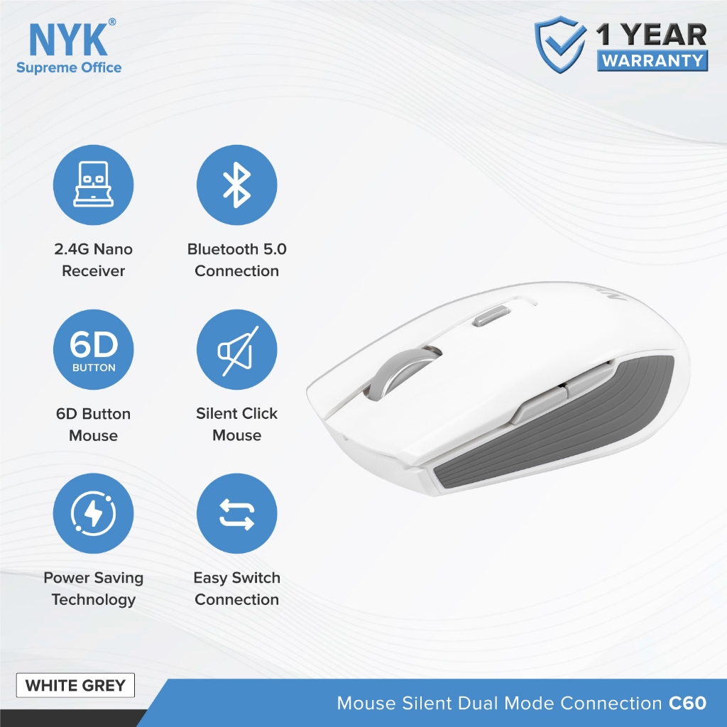 Jual NYK Mouse C60 Bluetooth Wireless Dual Mode WHITE GREY Garansi 1 ...