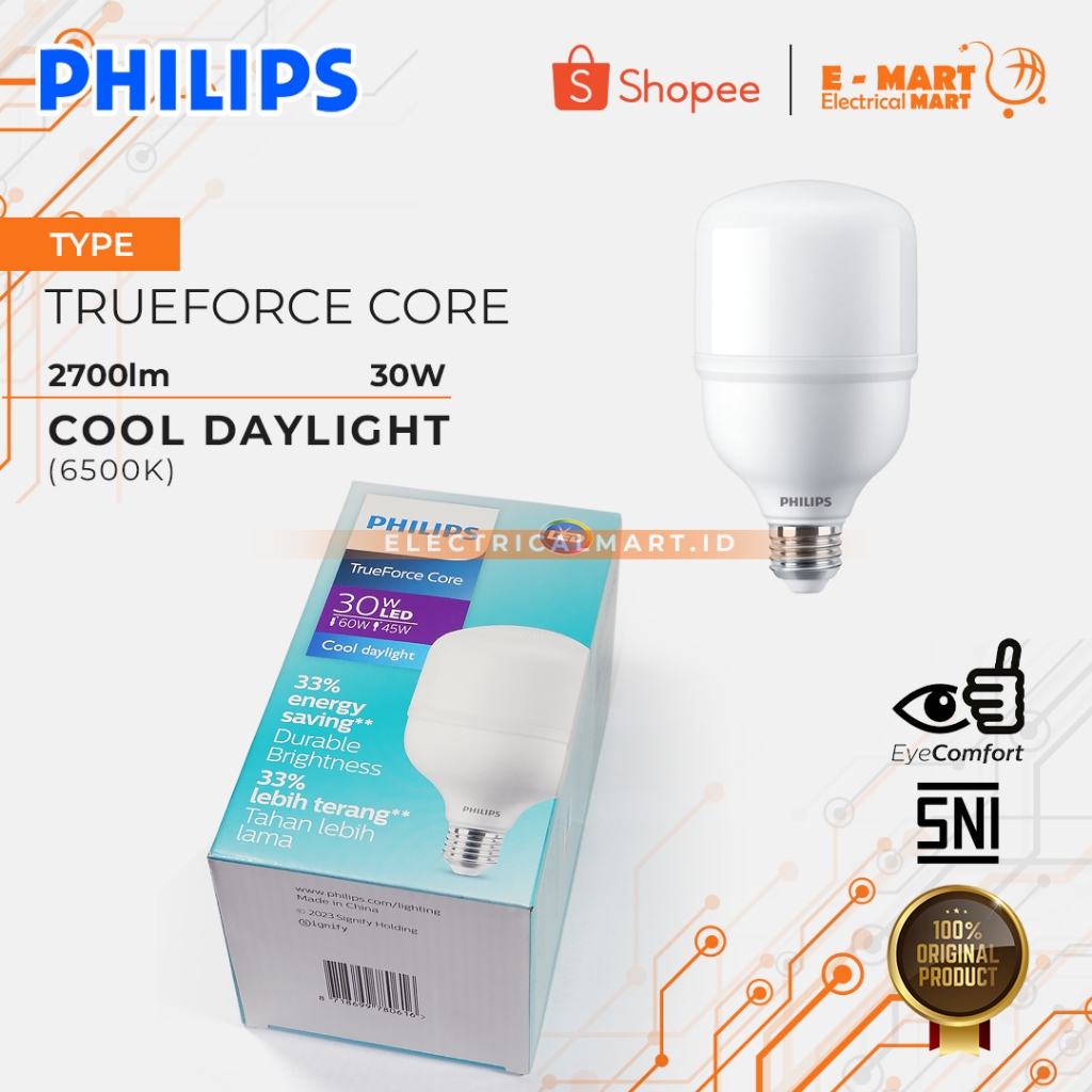 Jual PHILIPS TrueForce Core LED Bulb Fitting E27 30W Warna Putih 6500K | Shopee Indonesia