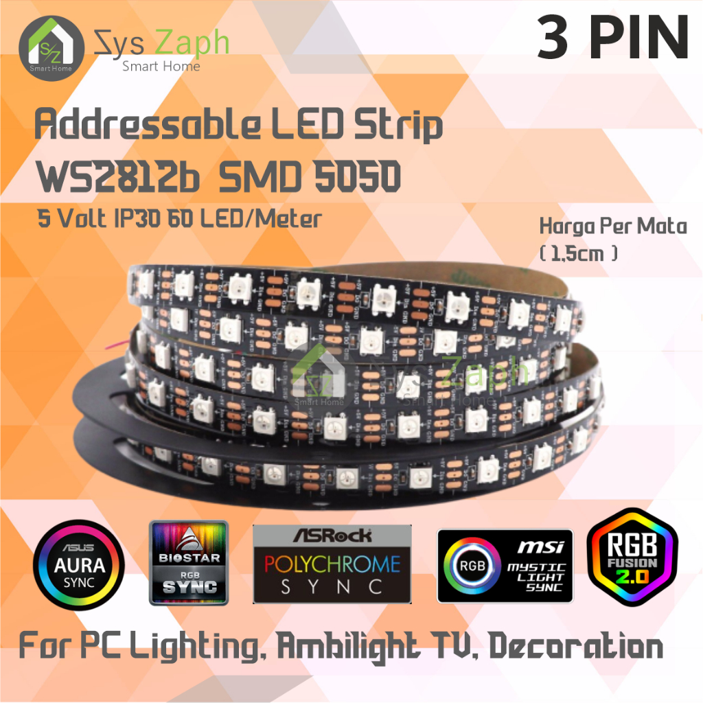 Jual LED Strip PC Sync Mobo ARGB 3 Pin 5V WS2812 Sync Mobo Asus Aurora ...