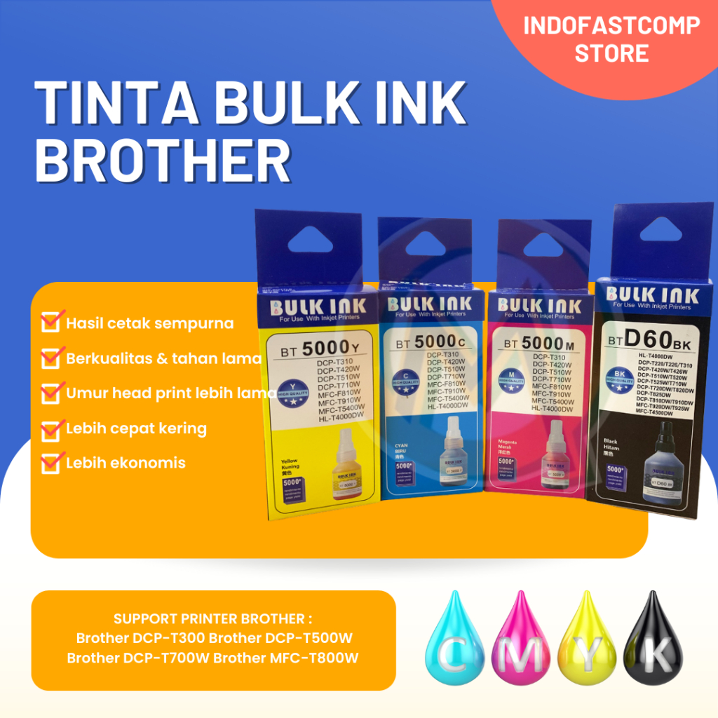 Jual Tinta Brother BT5000 D60 CMYK Original Bulk Ink Untuk Printer DCP ...