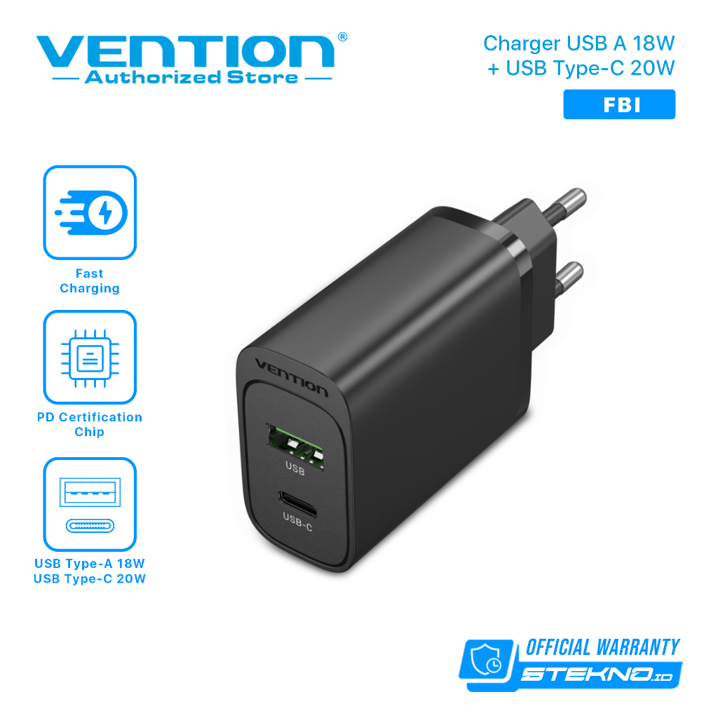 Jual Vention FBI Kepala Charger Adaptor Dual Port USB A Type C 18W 20W ...