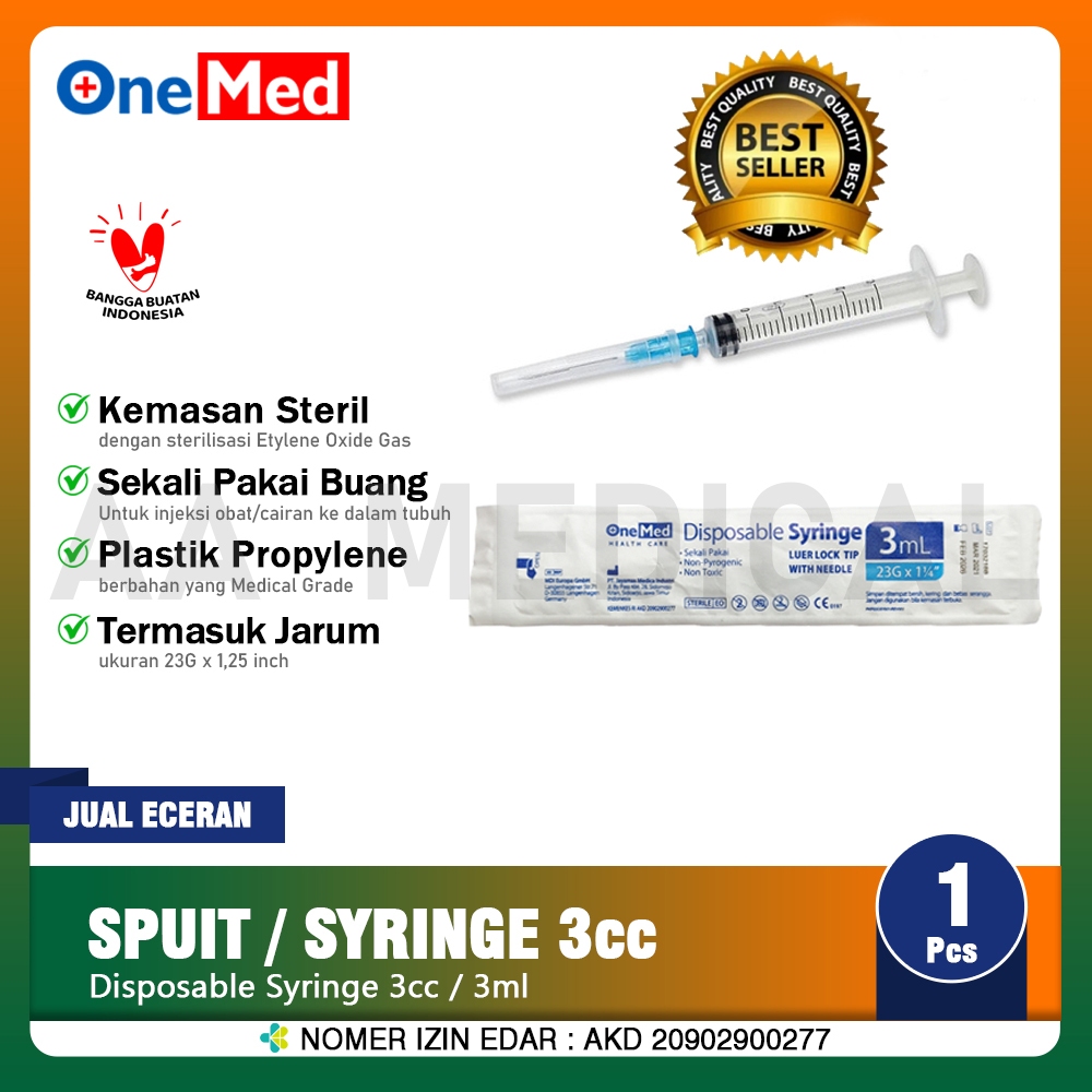 Jual Suntikan/Disposible Syringe ONEMED 3 ML dilengkapi dengan jarum suntikan 3cc 3ml disposible ...