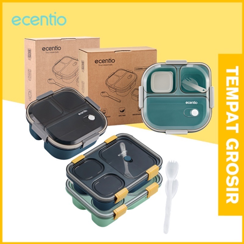 Jual ecentio Kotak Makan anti tumpah 3 Grid 850ml/1100ml lunch box Biru ...