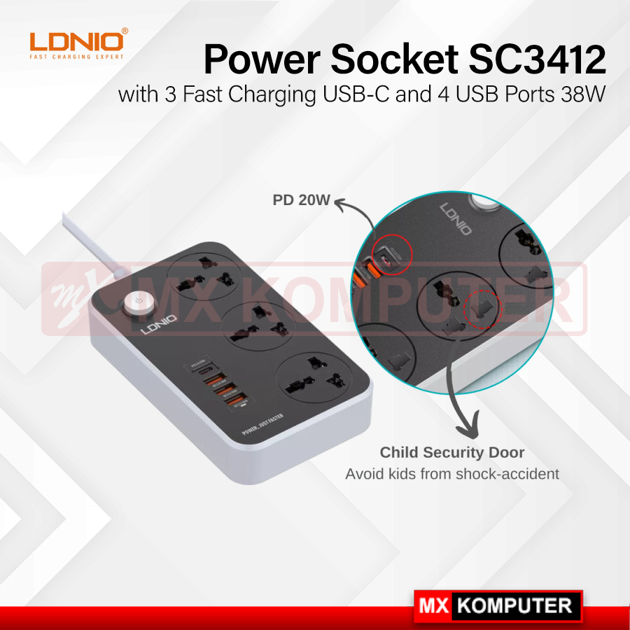 Jual Stop Kontak Power Soket LDNIO SC3412 colokan listrik 3 Type C PD 20W | Shopee Indonesia