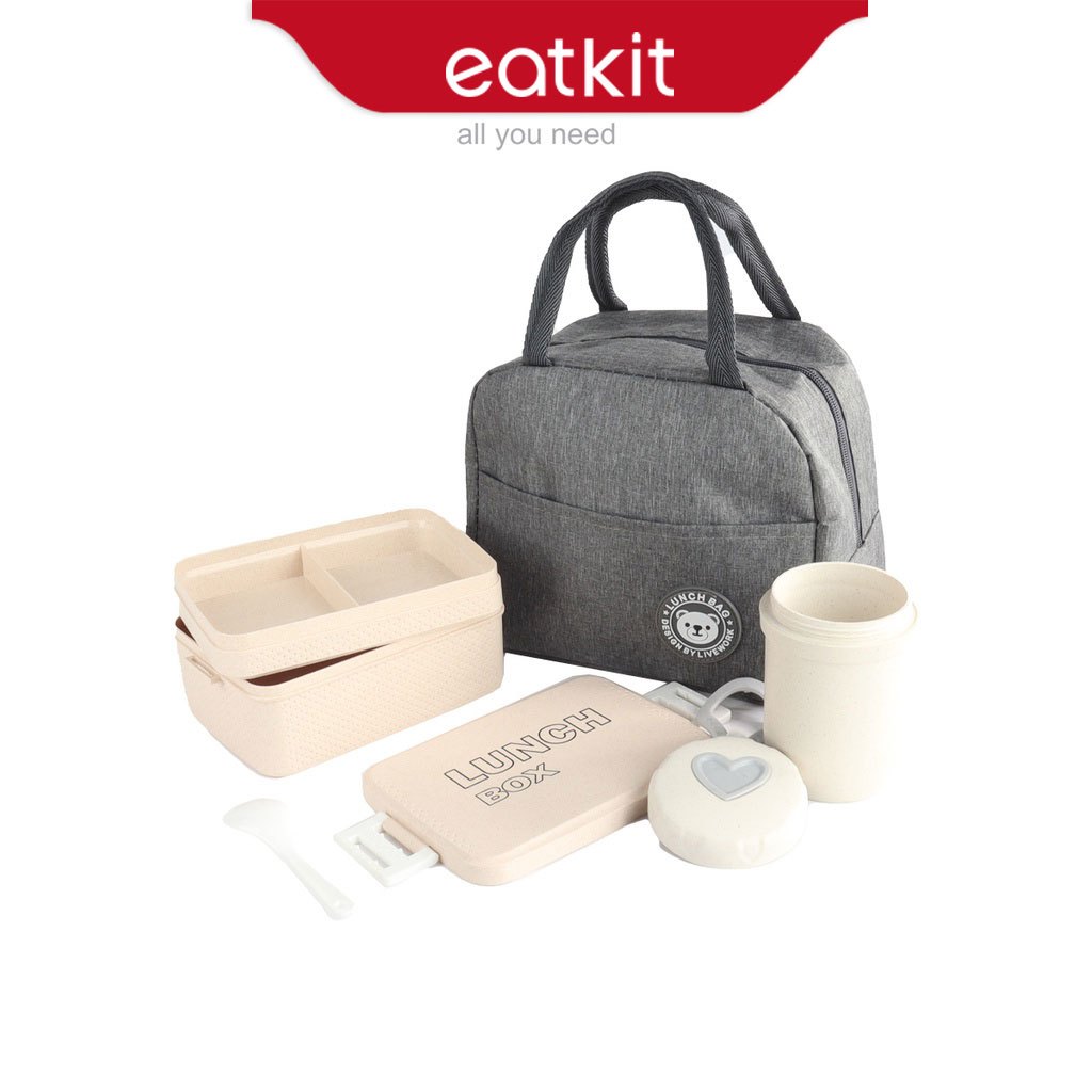 Jual eatkit 3in1 Kotak Makan Set Lunch Box I Tempat Bekal Wheatstraw 1000ml Gratis Sendok I ...