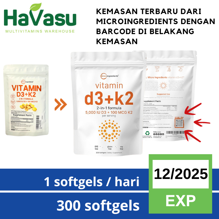 Jual Micro Ingredients MicroIngredients Vitamin D3 5000IU K2 100mcg 300 Softgels | Shopee Indonesia