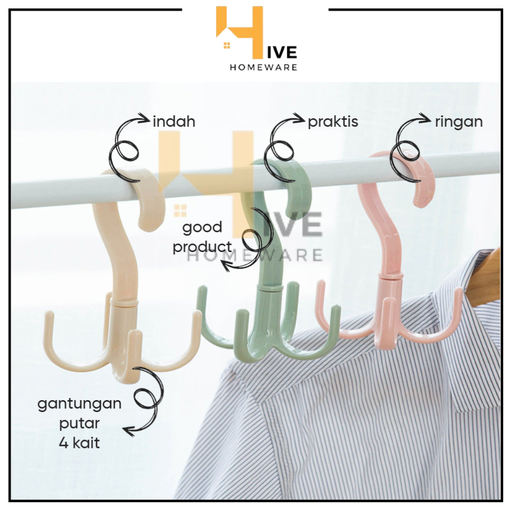 Jual HIVE Gantungan 4 Kait Serbaguna 360 Derajat / Hanger Lemari Pakaian Sepatu Tas Hook 4 Kait ...