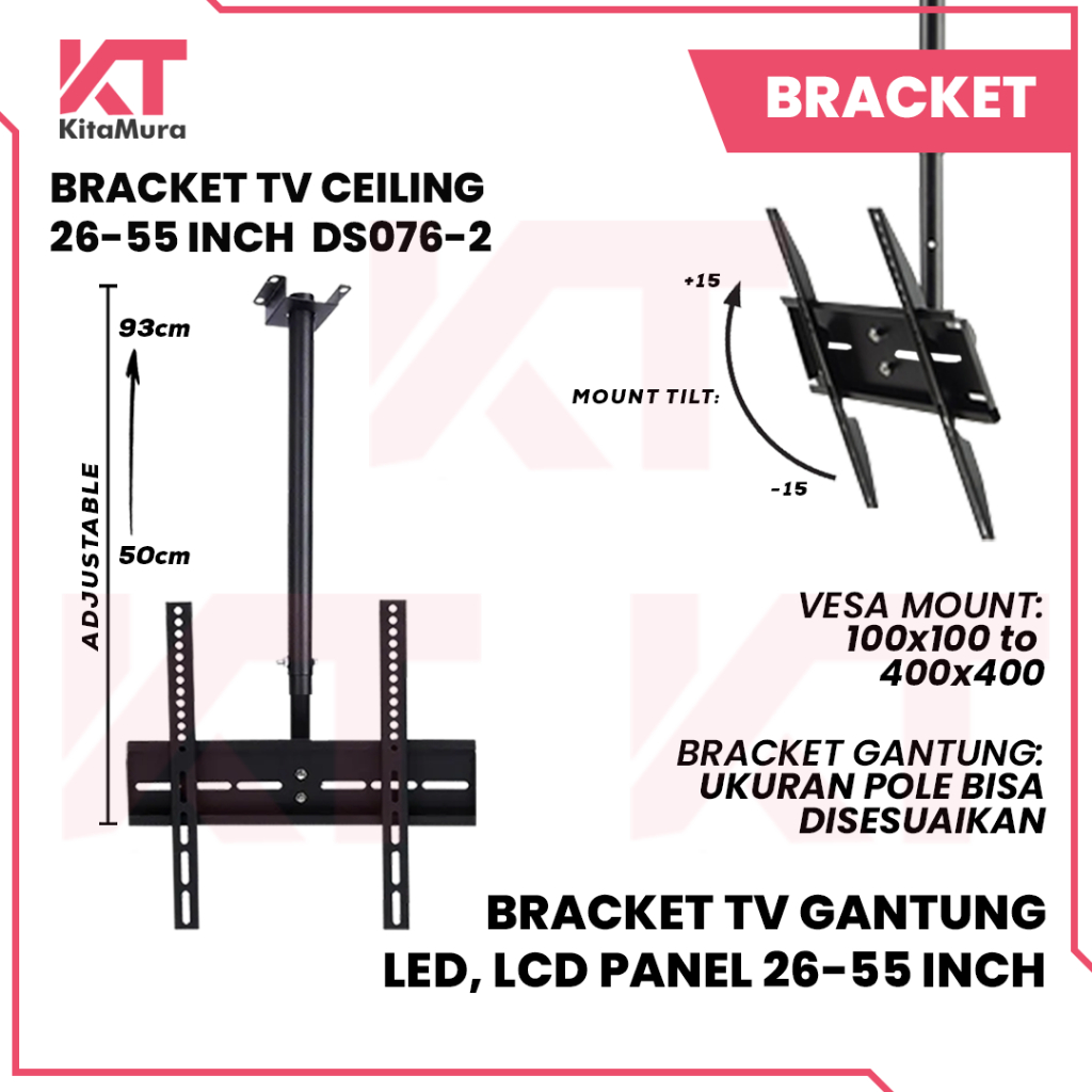 Jual Bracket TV Ceiling Fixed 26-55 Inch , Tiang Adjustable 50-93 CM ...