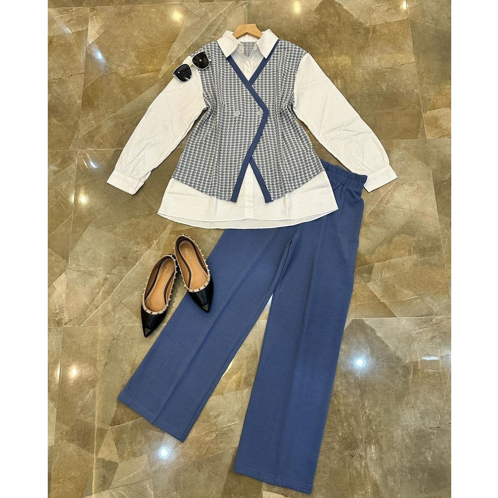 Jual Vallina Outfit - Velove One Set Vest Button Houndstooth Knitt Top ...