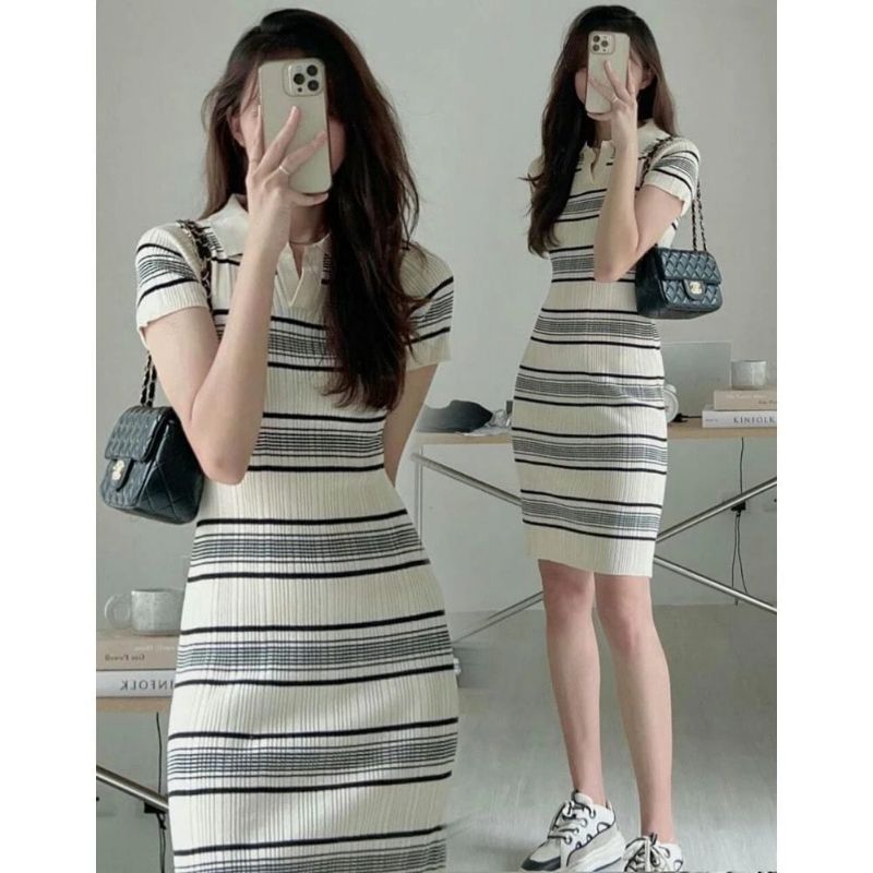 Jual Lissa Dress Rajut Kerah Polo Stripe - Wanita Mini Dress Korean | Shopee Indonesia