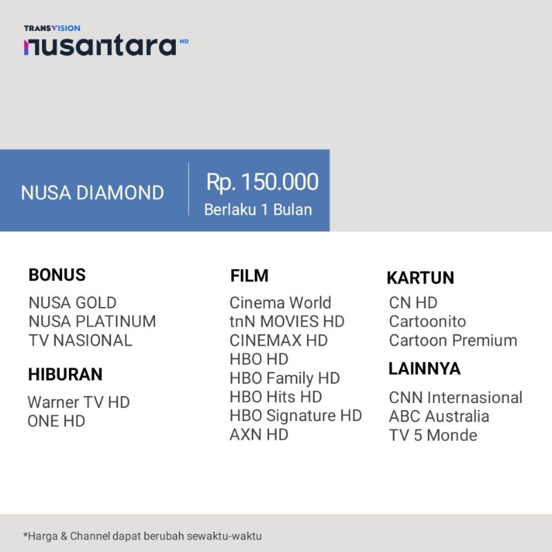 Jual Paket Nusa Diamond Transvision Nusantara HD 30 Hari | Shopee Indonesia