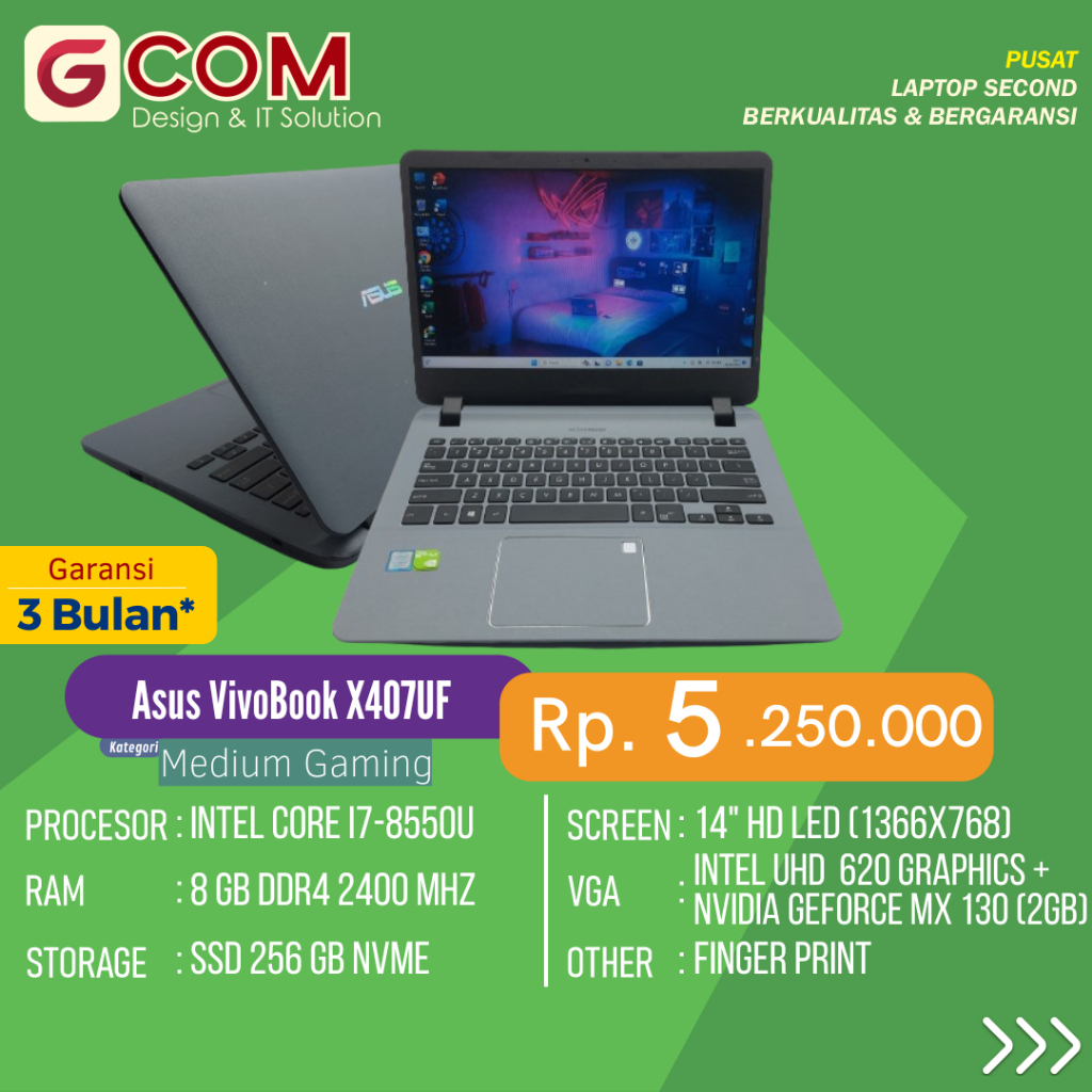 Jual Asus VivoBook X407UF (2018) i7 Gen 8/ RAM 8 GB/ Nvme 256GB/ Dual VGA NVIDIA NX130 2 GB DDR5 ...