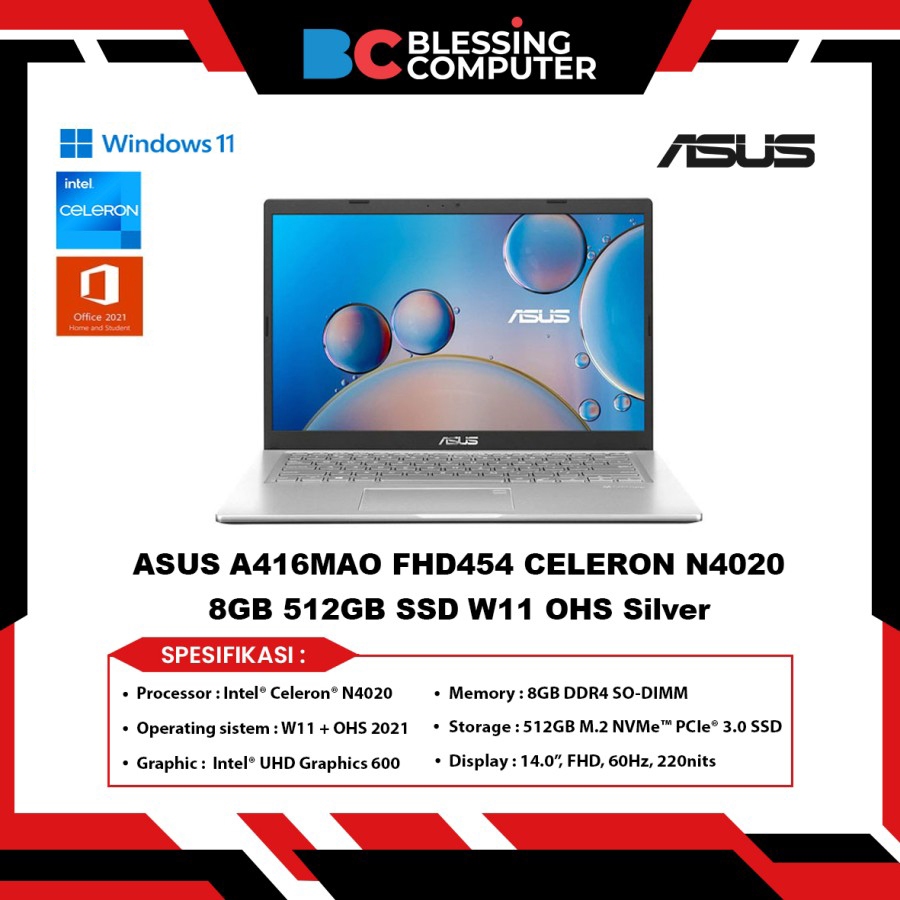 Jual ASUS A416MAO FHD454 CELERON N4020 8GB 512GB SSD W11 OHS Silver ...