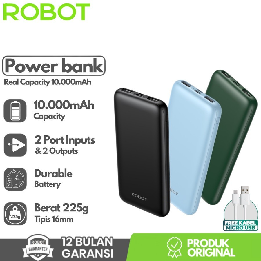Jual PowerBank ROBOT 10000mAh RT12 Dual Input Port Type C & Micro USB ...