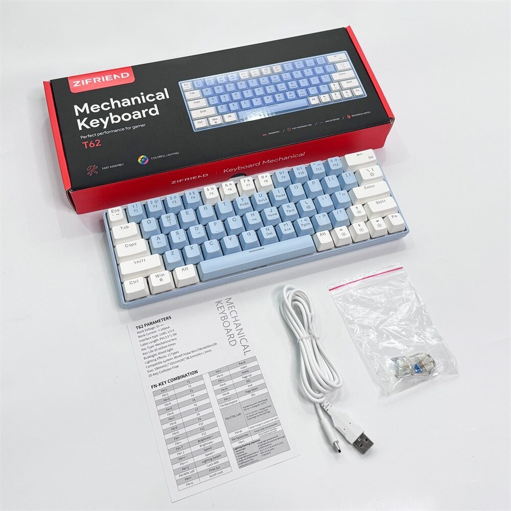 Jual ZIFRIEND T62 63Keys Mechanical Keyboard Mekanis Wired Kabel Mini Gaming Keyboard 3 Pin ...