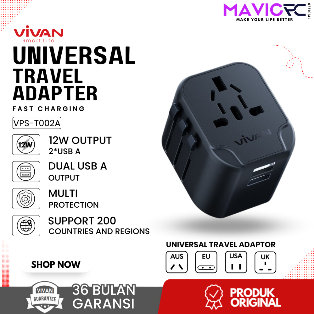 Jual VIVAN VPS-T002A Travel Adaptor 12W Black Dual USB A Multi-country ...
