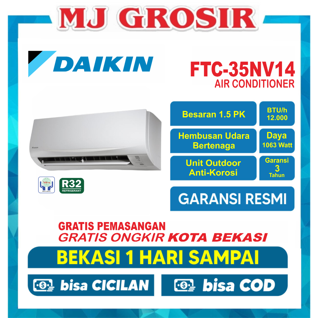 Jual AC DAIKIN FTC 35 NV14 / FTKQ 35 UVM 1.5 PK + PASANG R32 STANDARD ...