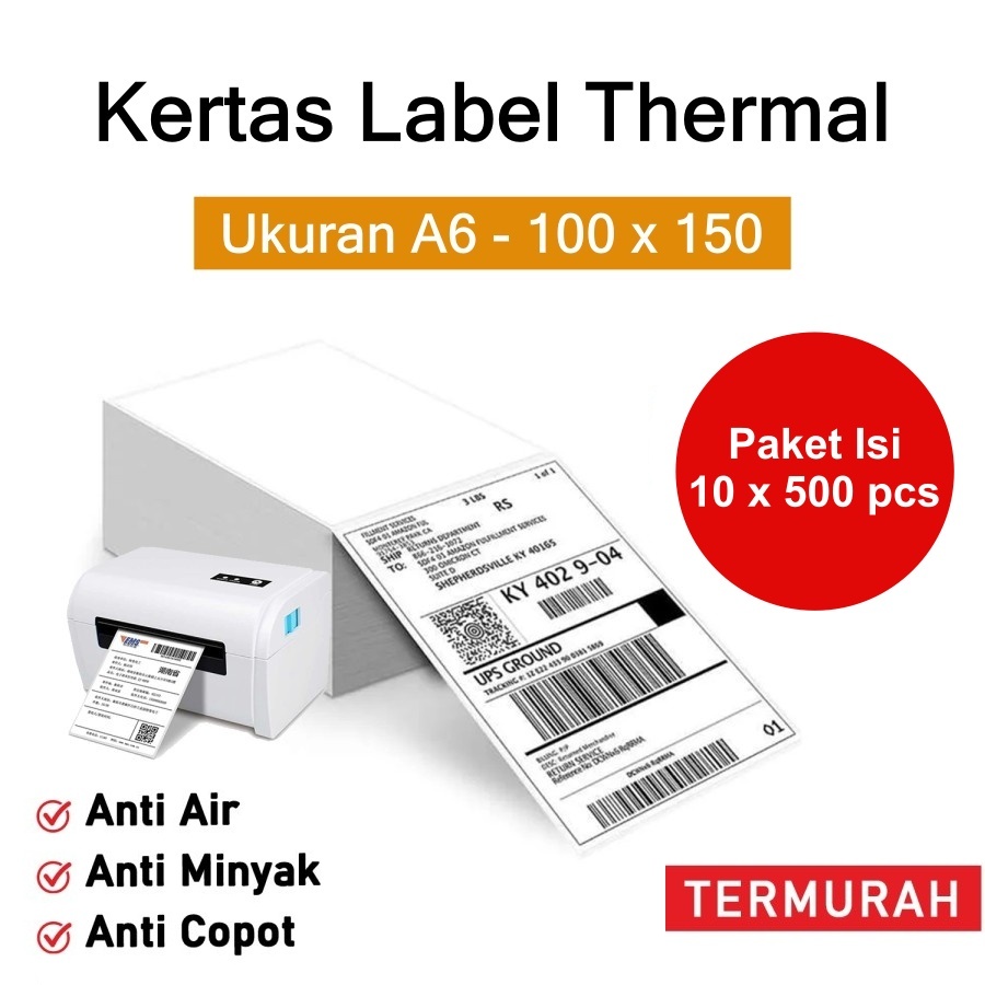 Jual aiGooTan - LABEL THERMAL 100x150 (10 x 500 pcs) - Kertas Stiker Barcode A6 100 x 150 Resi ...