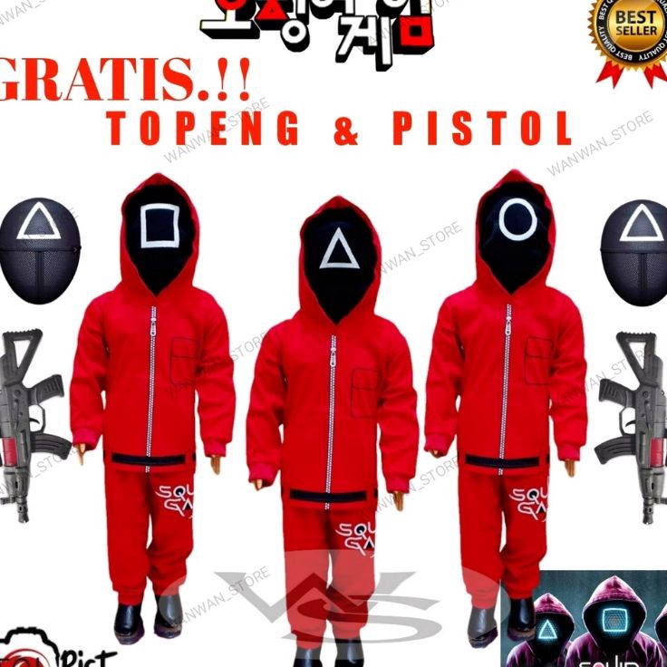 Jual C6369 PROMO Baju Kostum Squid game Merah GRATIS TOPENG DAN Pistol ...
